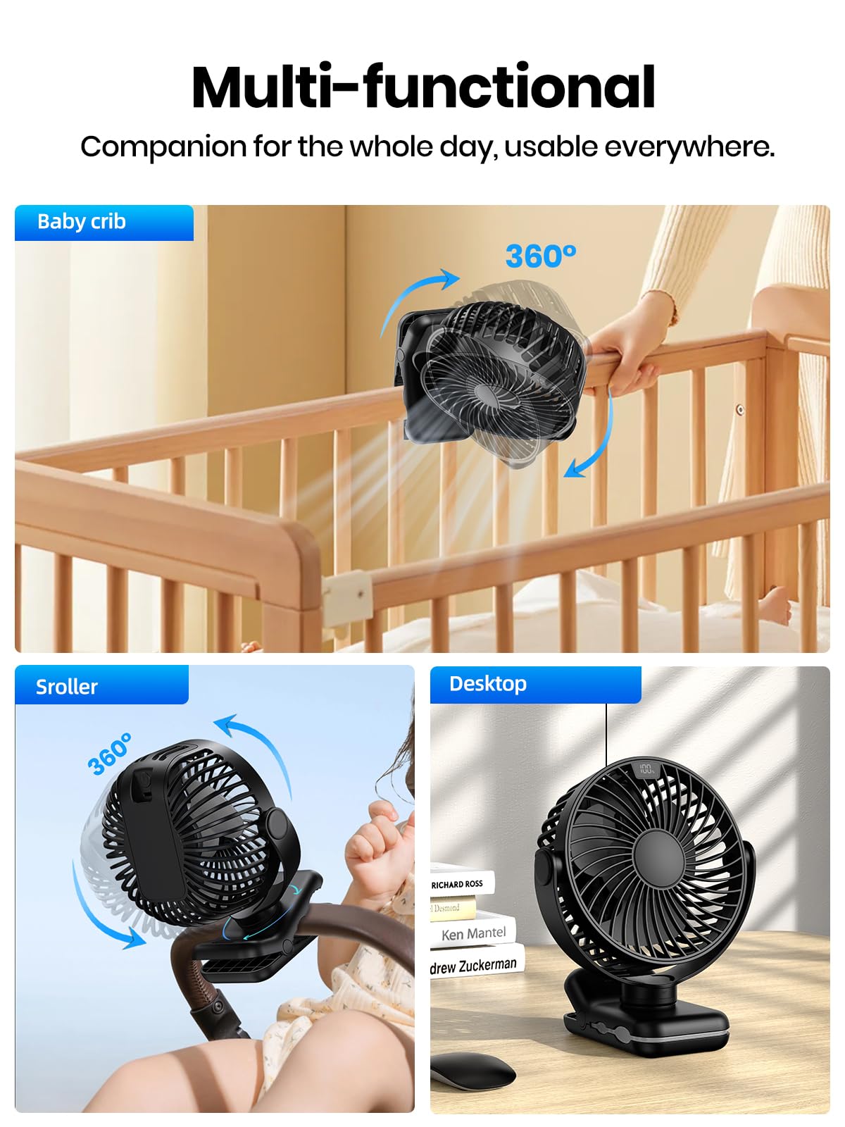 TOPK Portable Clip on Fan, 5000mAh Small Rechargeable Fan, Battery Operated, 4 Speeds, 720° Rotation, Ultra-Quiet, Personal Cooling Desk Fan for Bedroom/Office/Stroller/Golf/Library/Travel/Camping