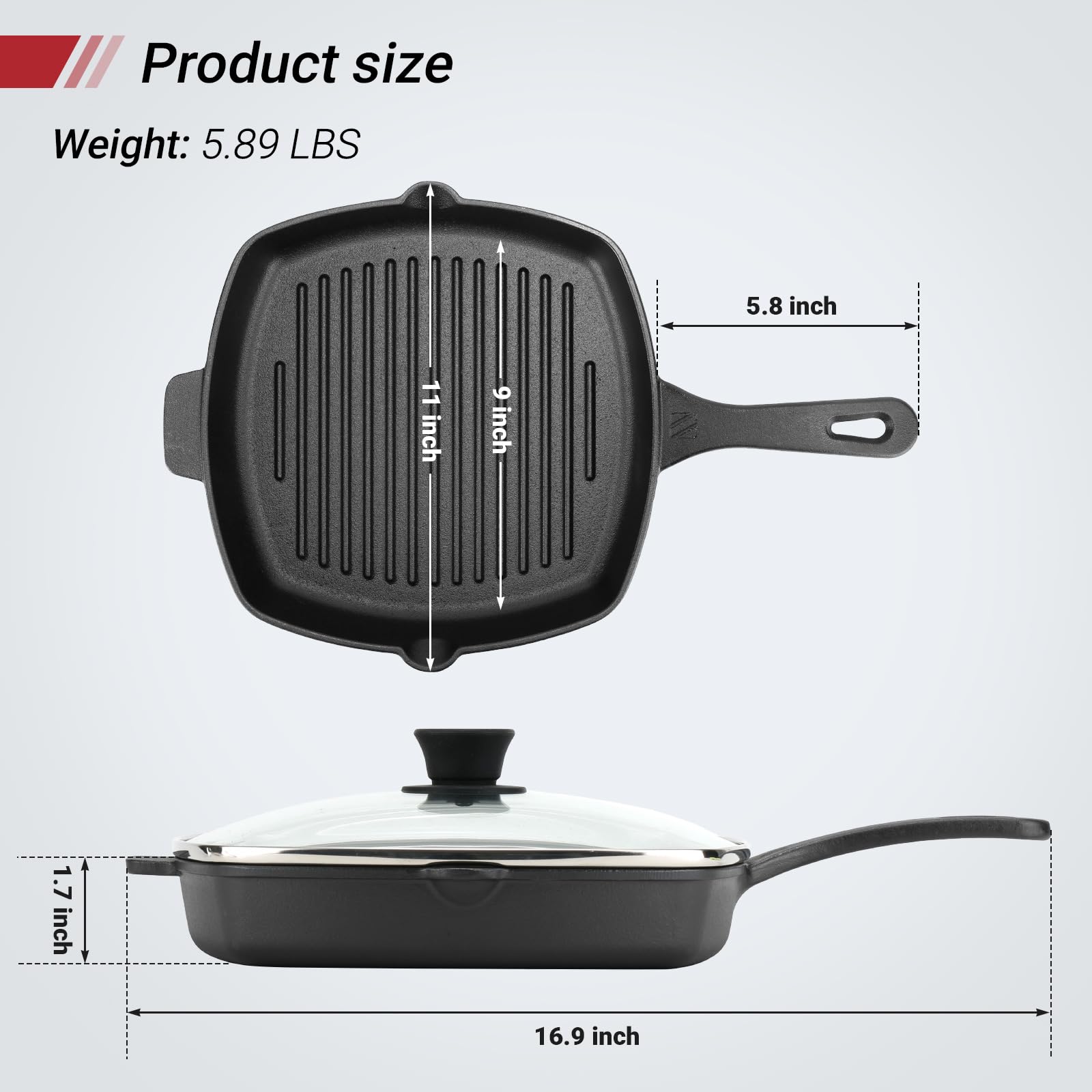 Northriver Casting 10.5 Inch Cast Iron Square Grill Pan with Tempered Glass Lid, Heavy Steak & Bacon Pans for Stove Tops