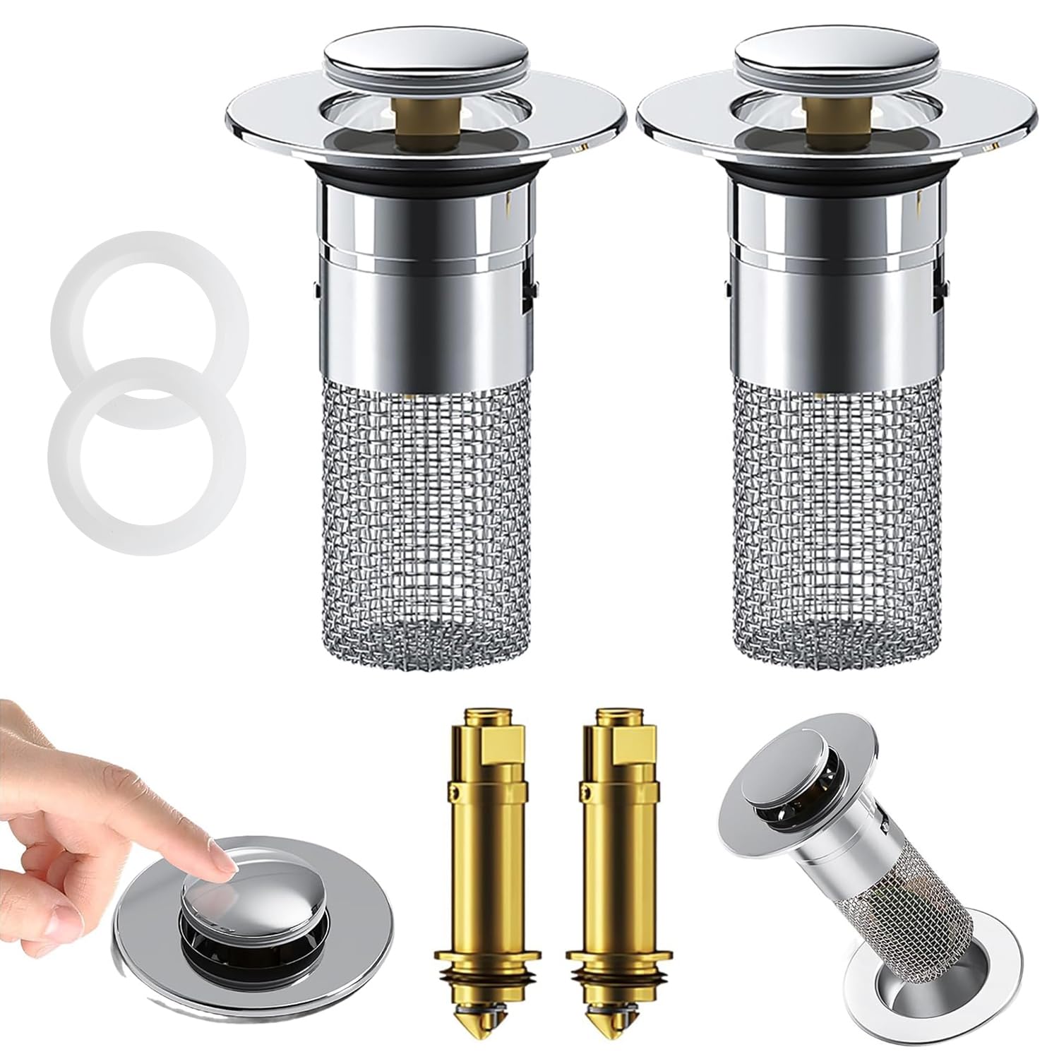 2Pcs Bathroom Sink Stopper,UniversalBasin Pop Up Bathroom Drain Stopper, for 1.1~1.29 in U.S. Standard Drain Holes, with Hair Catcher Anti Clogging Bathroom Sink Drain Strainer