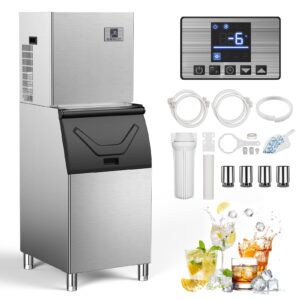 commercial 550lbs/24h ice maker machine,ice ready in 5-15 min,360lbs large storage,1033w stainless steel electric nugget ice machine with water line hook up,12 steps ice thicknesses adjustable