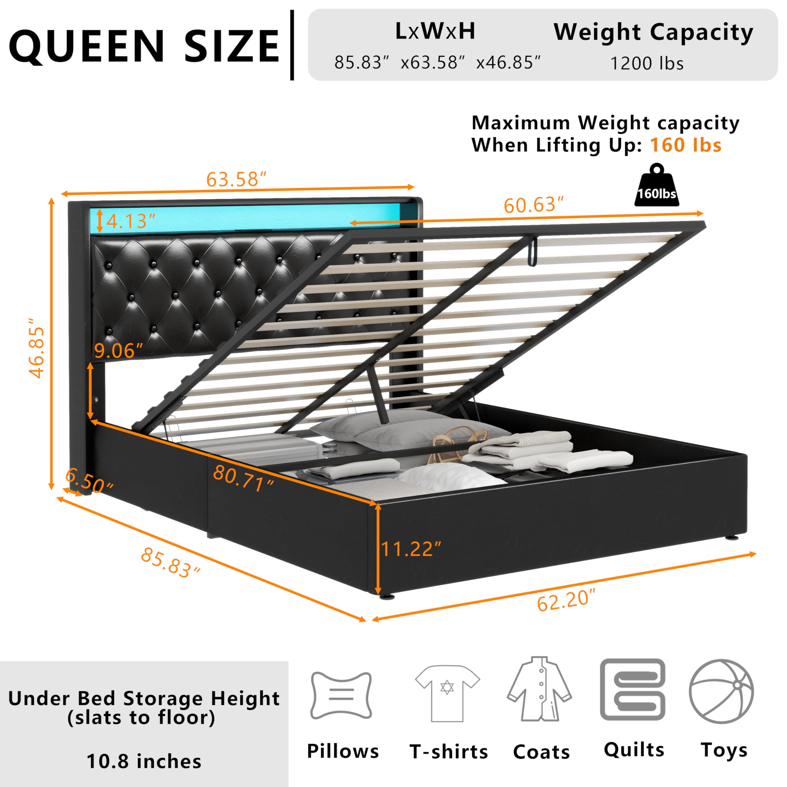 Loomie Queen Lift Up Bed Frame with Charging Station&LED Lights,Leather Upholstered Bed with Button Tufted Wingback Storage Headboard,Hydraulic Storage, No Box Spring Needed,Wood Slats Support (Black)