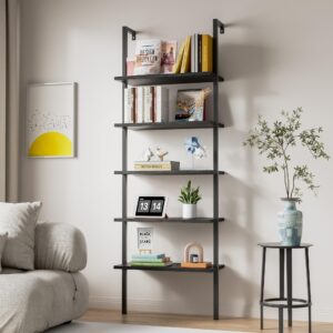 Flamaker 5-Tier Bookshelf Industrial Wall Mount Ladder Bookshelf, Wood Board and Metal Frame, Modern Tall Narrow Storage Organizer for Home Office (Black)