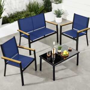 best choice products 4-piece outdoor textilene patio conversation set, backyard furniture w/loveseat, coffee table, steel frame - black/navy