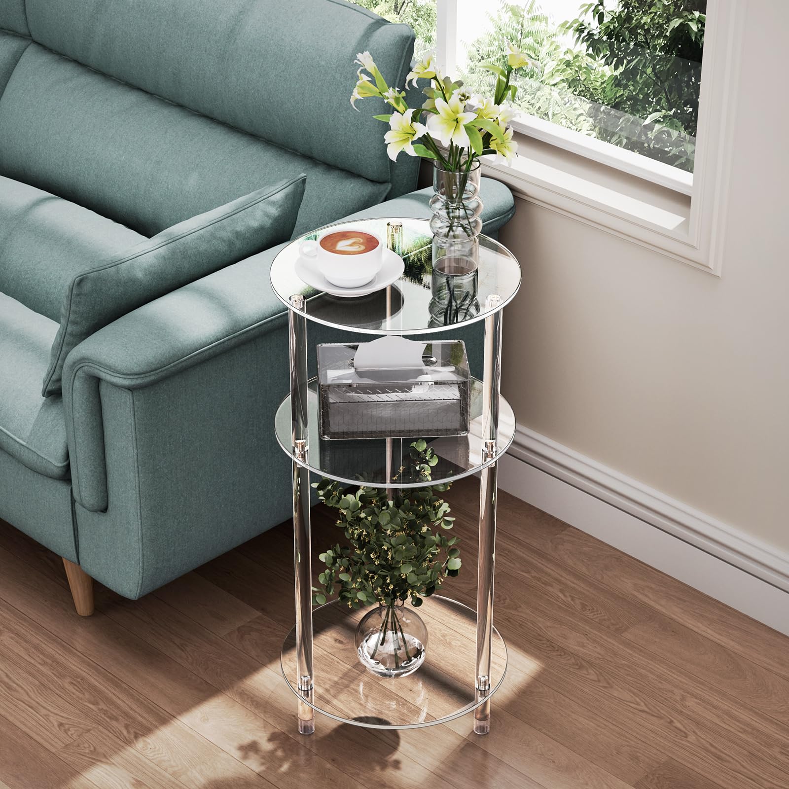 Bkemiy Clear Round Acrylic Side Table for Small Spaces, 11.81" L x 11.81" W x 24.6" H, 3 Tier Small Modern Drink End Table Nightstand, Minimalist Bedside Table for Living Room, Bedroom, Bathroom