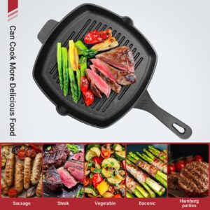 Northriver Casting 10.5 Inch Cast Iron Square Grill Pan with Tempered Glass Lid, Heavy Steak & Bacon Pans for Stove Tops