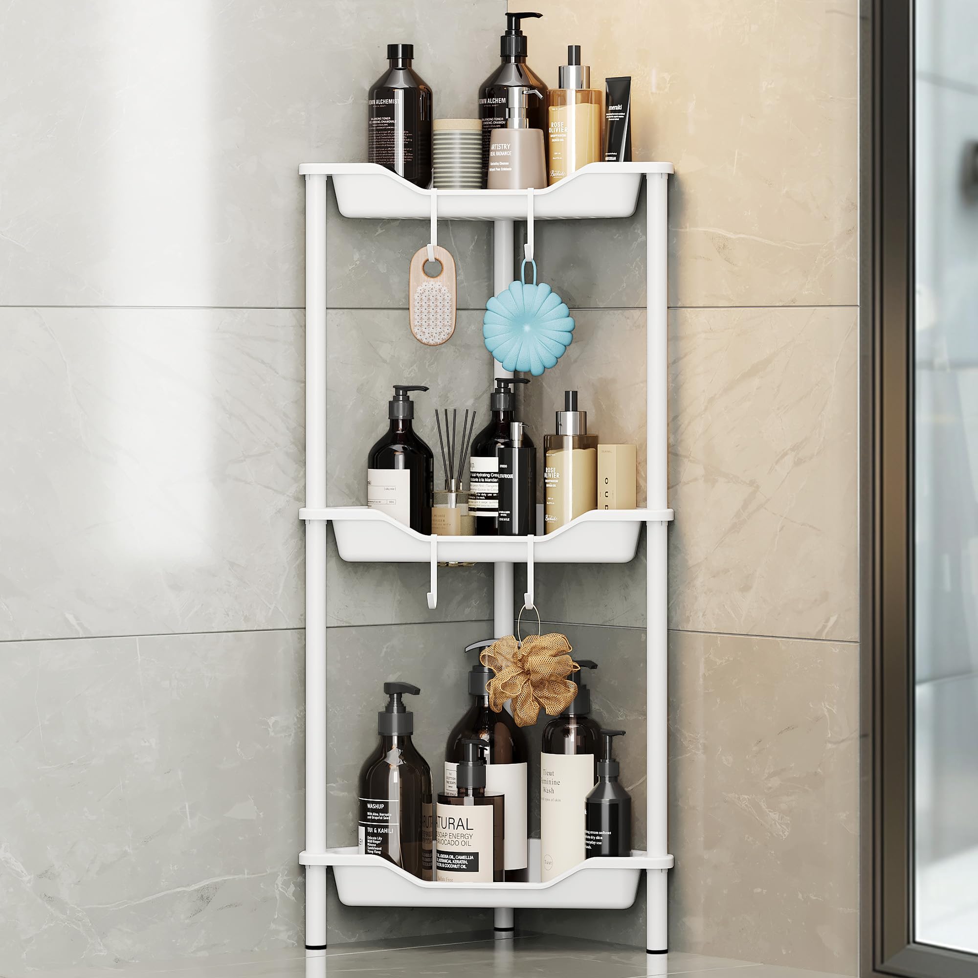 Vetacsion Corner Shower Caddy, 3 Tier Standing Rustproof Shower Organizer, Plastic Metal Splicing Floor Shower Shelves for Bathroom Storage, White