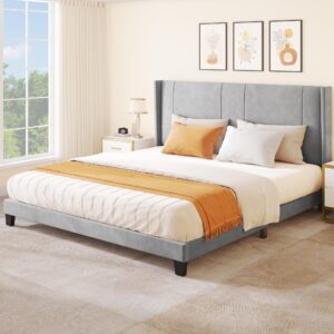 yitahome king size bed frame, platform bed frame with gray velvet headboard and wingback, upholstered bed frame strong wood slats support, no box spring needed, gray