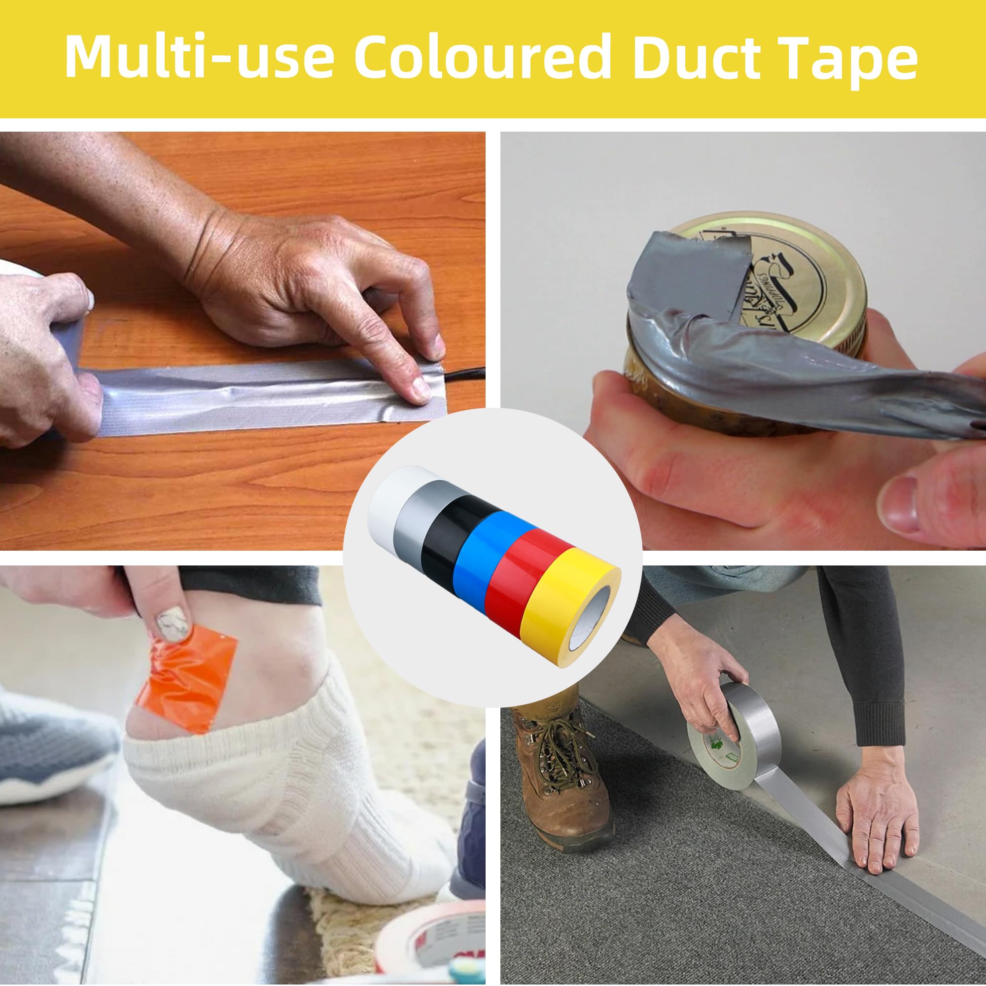 Colored Duct Tape 10.2 mils Heavy Duty, 1.88 Inch Wide x 90ft Per Rolls, Total 540ft (180 Yard), Black White Silver Yellow Red Blue, Indoor & Outdoor Use, No Residue, Tear by Hand (1.88in x 30 Yards)