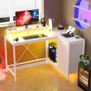 Patikuin L Shaped Desk with Power Outlets & LED Lights, Computer Desk with Drawers & Shelves, Corner Desk Gaming Desk Home Office Desk, White