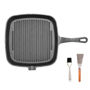 wangyuanji cast iron grill pan,square nonstick grill pan with spatula and brush,9inch barbecue pan for grill,stove,oven and campfire