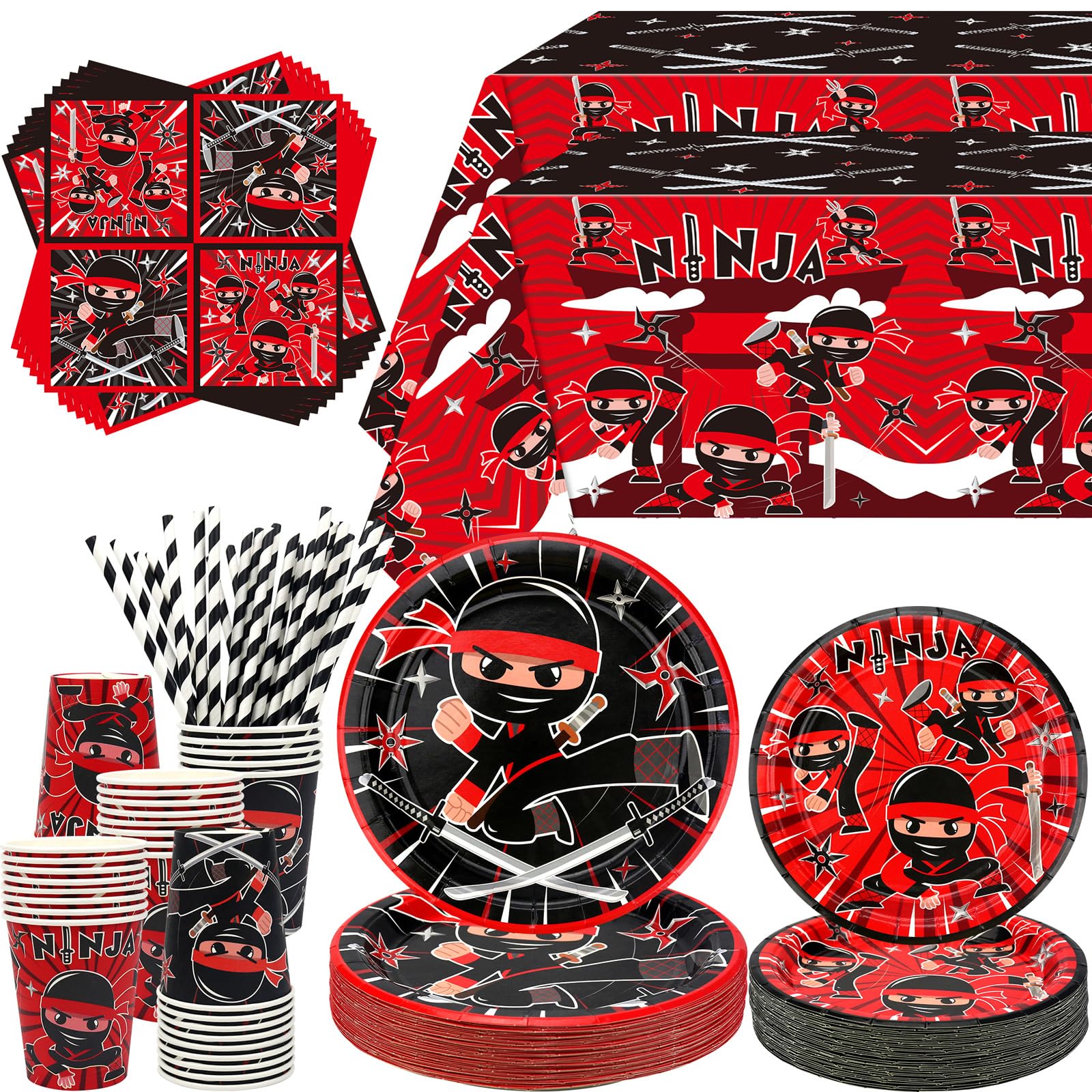 Ninja Birthday Party Decoration - Ninja Warrior Party Supplies Include Plates, Tablecloth, Napkins, Tableware, Karate Party Ninja Master Party Supplies for Boys Girls Baby Shower, Serves 40