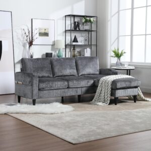 77'' convertible sectional sofa couch, l shaped couch 3 seat sofa sectional with reversible storage ottoman bench & cup holder, couches for living room, apartment, office, small space, grey