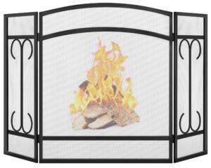 gtongoko 3 panel fireplace screen 48" w x 29" h modern wrought iron decorative large fire spark guard grate heavy duty for living room home outdoor decor - black