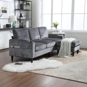 77'' Convertible Sectional Sofa Couch, L Shaped Couch 3 Seat Sofa Sectional with Reversible Storage Ottoman Bench & Cup Holder, Couches for Living Room, Apartment, Office, Small Space, Grey