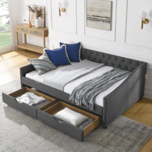 linuque upholstered full size daybed with 2 storage drawers, solid wood sofa bed frame with button tufted backrest and waved shape armrests with copper nail, dark grey