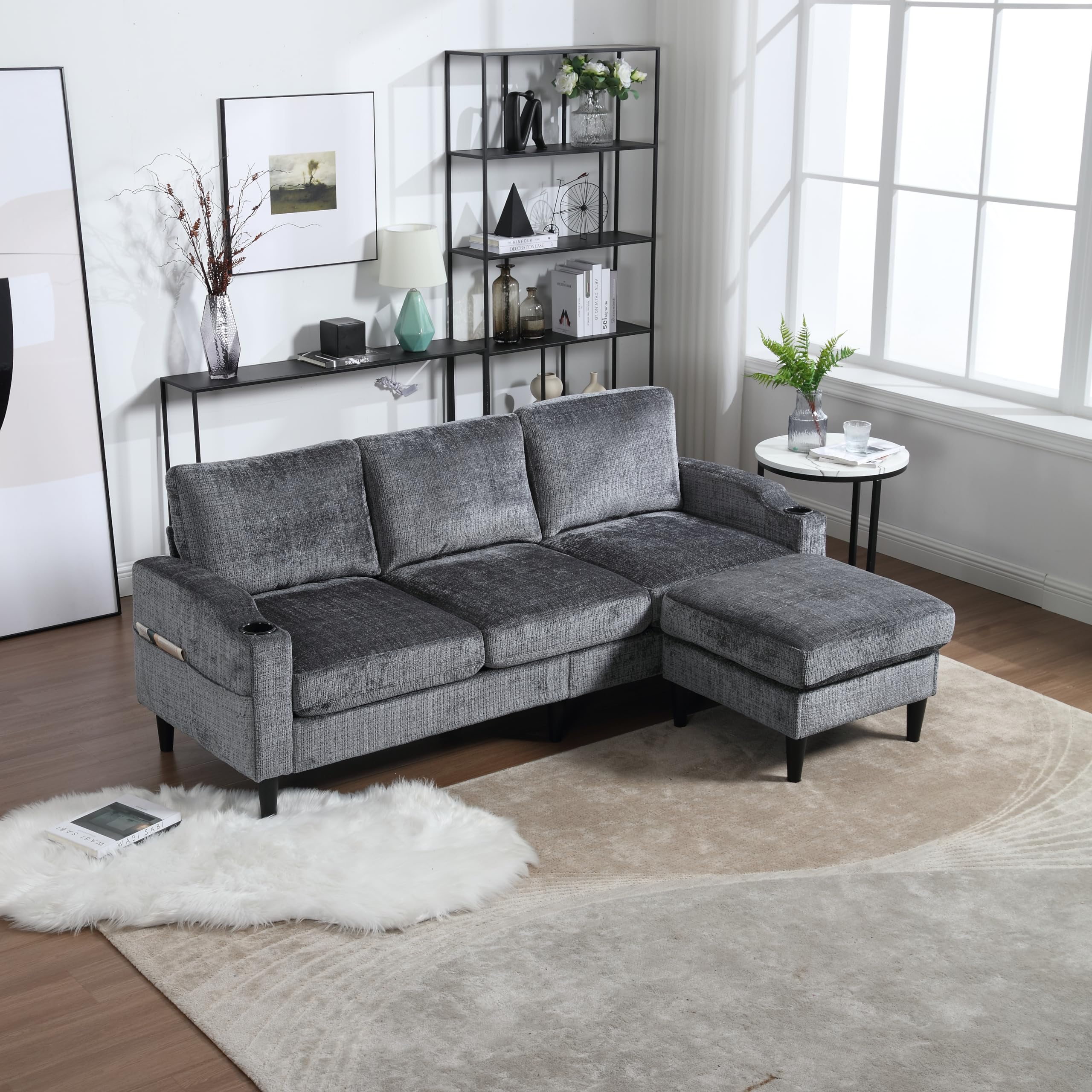 77'' Convertible Sectional Sofa Couch, L Shaped Couch 3 Seat Sofa Sectional with Reversible Storage Ottoman Bench & Cup Holder, Couches for Living Room, Apartment, Office, Small Space, Grey