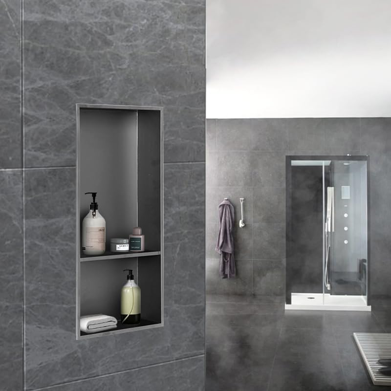 WHISTLER Stainless Steel Double Layer Shower Niche 24" X 12", No Tile Needed Wall Niche Shower, Recessed Shower Shelf for Bathroom Storage, Matte Black