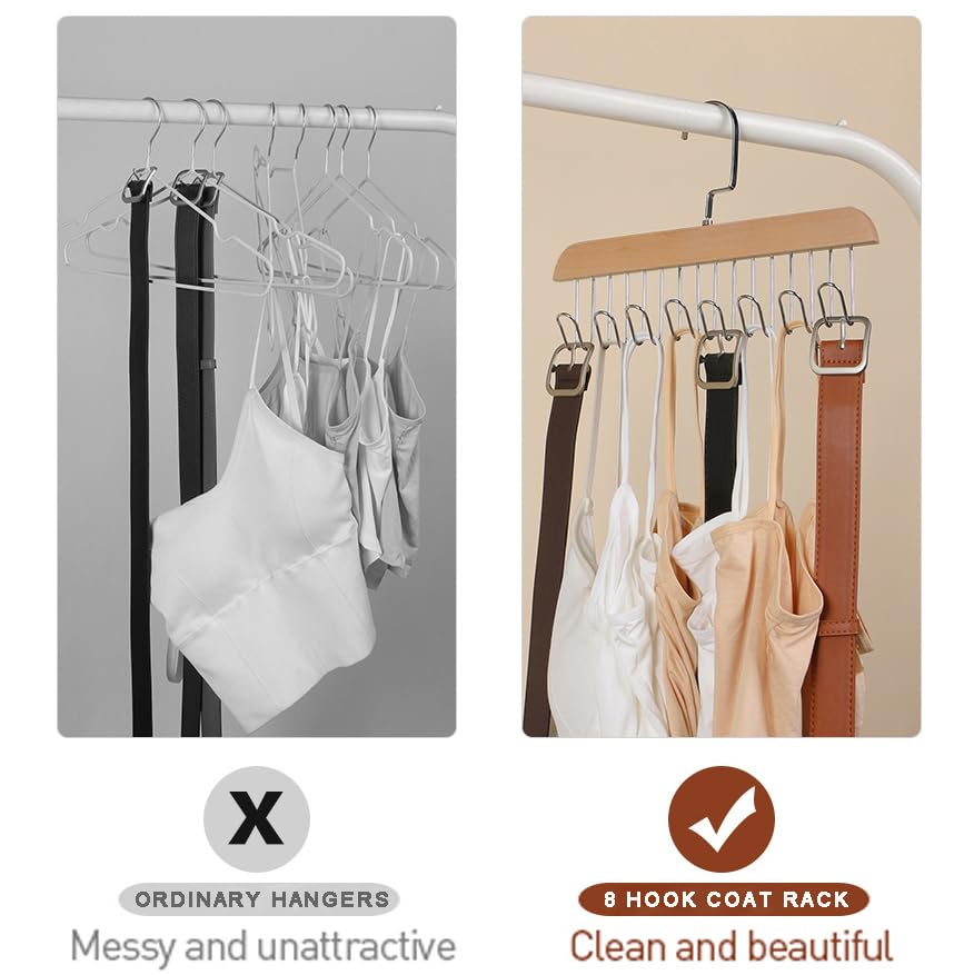 Belt Hanger for Closet,Tank Top Hanger w/8 Hooks Capacity,2 Pack Wood Space Saving Hanger, Sturdy and Durable Scarf Organizer and Storage for Tops, Bras, Camisoles, Scarfs or Tie (White)