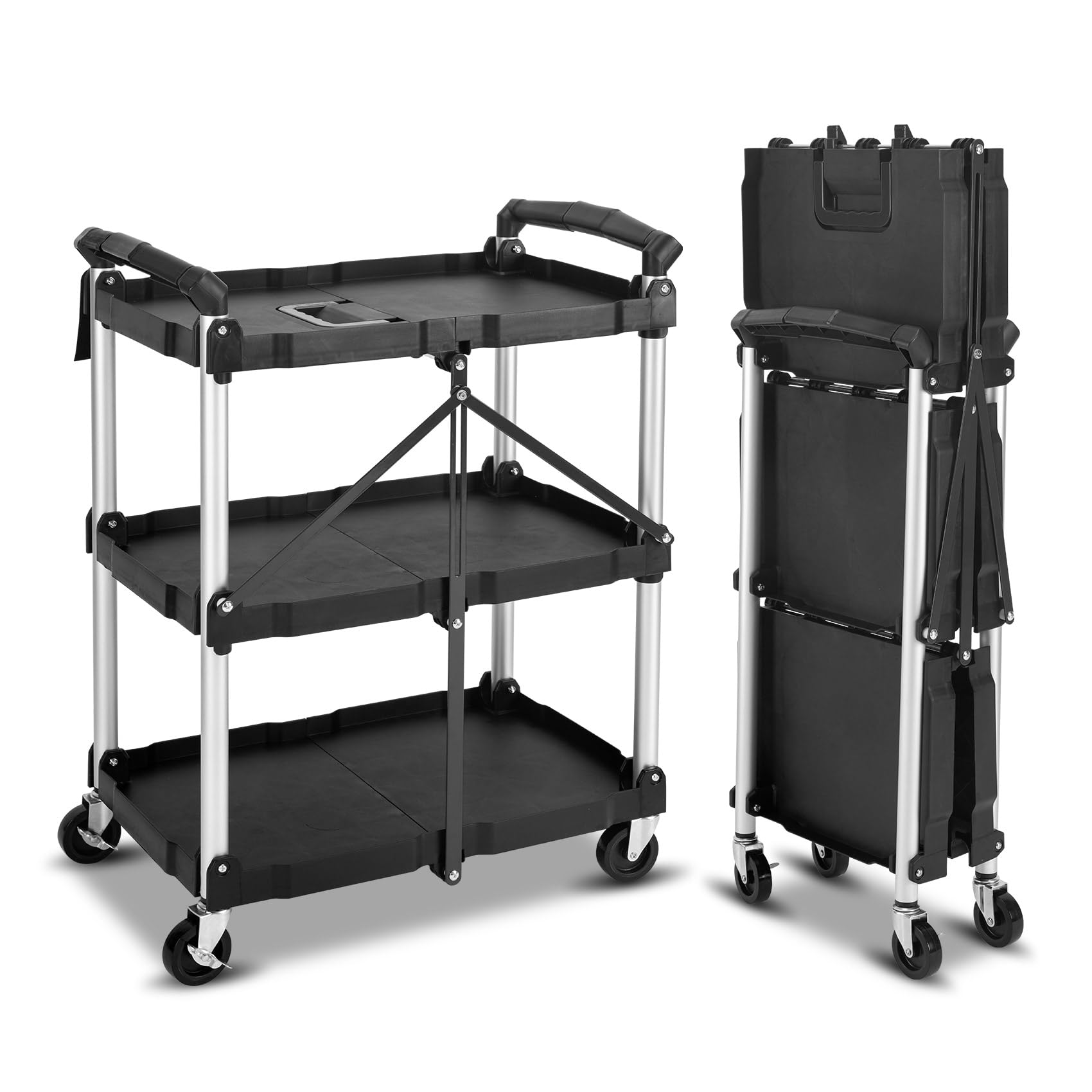 UNICOO Foldable Plastic Utility Cart, Heavy Duty, 3-Tier Rolling Service Cart with Lockable & Silent Wheels, Anti-Rust & Easy Clean for Restaurant, Office, Garage & More, 25.6x15.7x33.5 (Black)