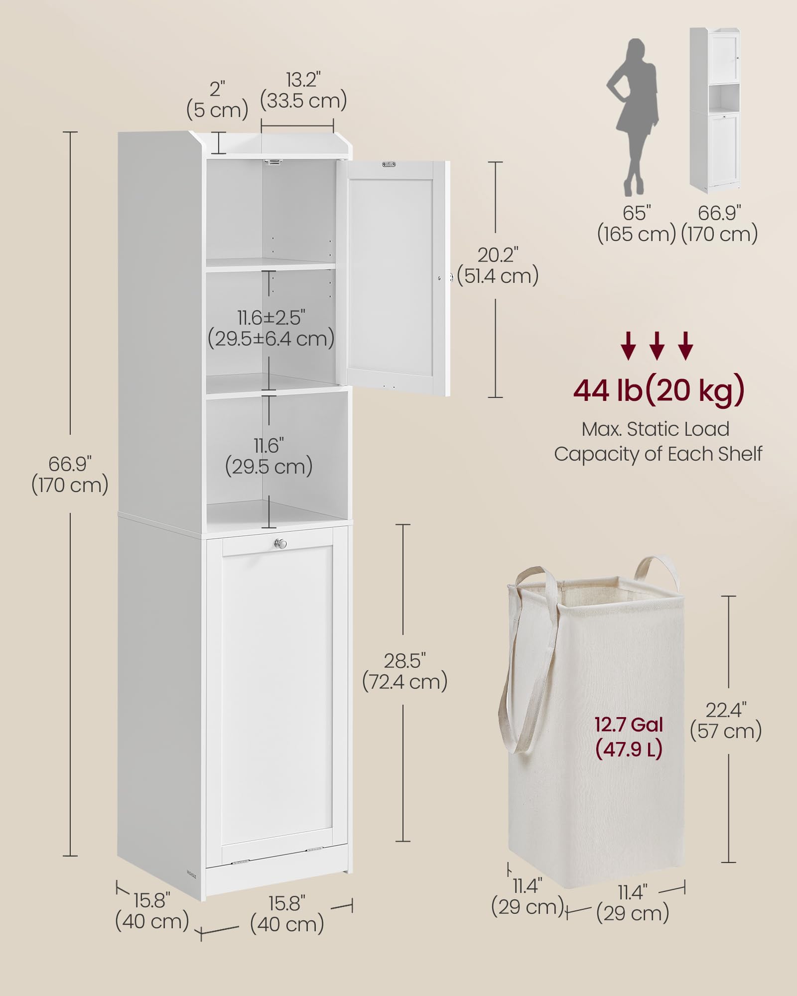 VASAGLE Tall Bathroom Cabinet with Laundry Basket, Removable Laundry Basket with Handles, Compartment with Door, Linen Tower, 15.8 x 15.8 x 66.9 Inches, Cloud White UBBC761W01