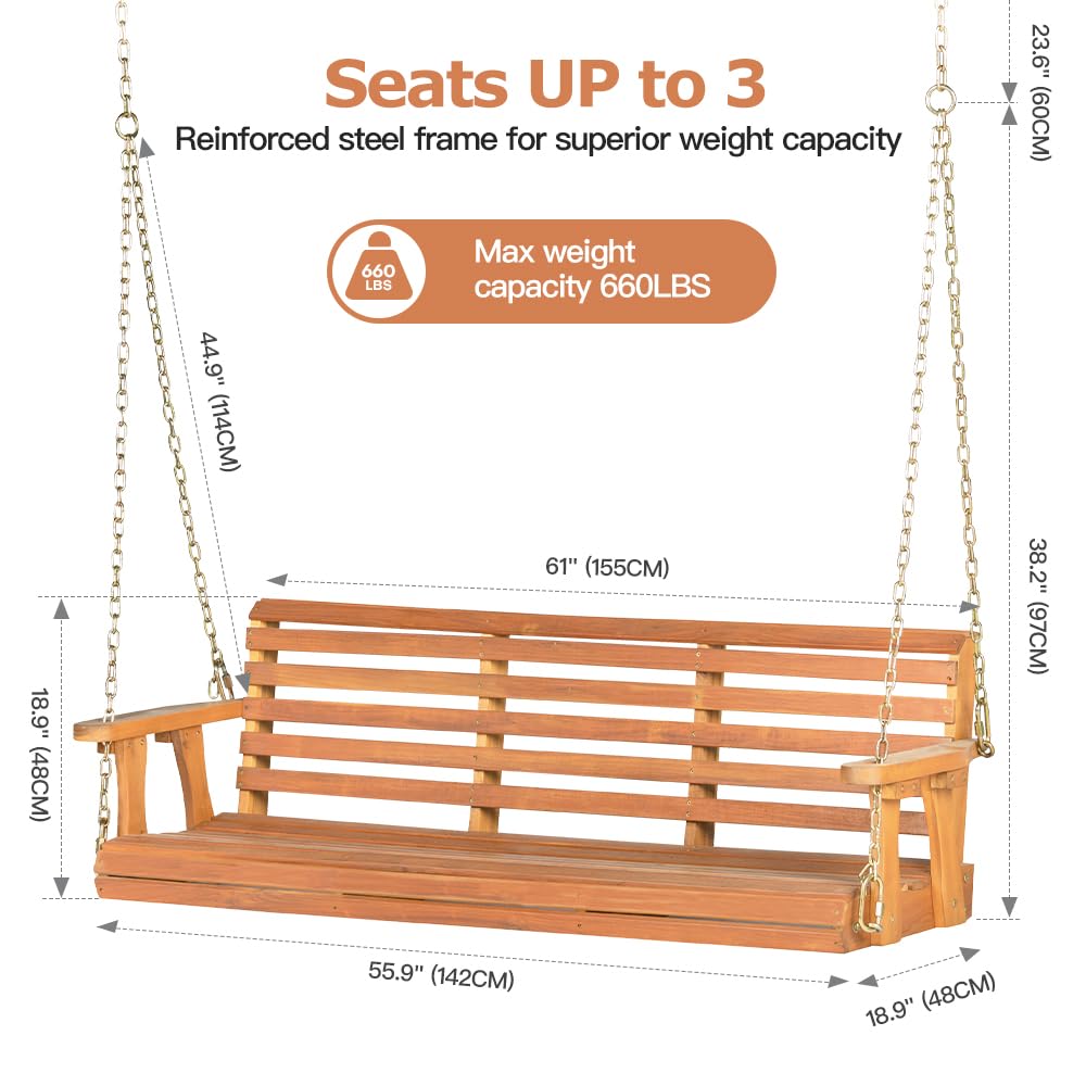 Panana Acacia Wood Porch Swing 2-Seater Outdoor Wooden Swing Bench with Hanging Chains for Garden Backyard Deck Patio