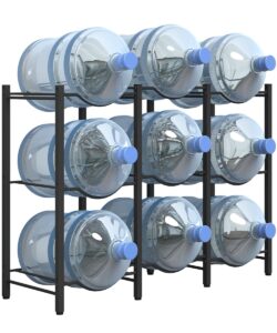 mocomax 5 gallon water jug rack, detachable water bottle holder for 9 bottles, 3 tier heavy duty water cooler jug rack, water bottle organizer storage rack for kitchen, office, living room, black