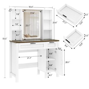 usikey Farmhouse Makeup Vanity Desk with Mirror and Lights, Glass Tabletop Makeup Vanity with Adjustable Shelves, Vanity Table Set with 2 Drawers and Side Cabinet for Bedroom, White