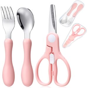 jingmore 3 pieces toddler utensils with case 1 pcs toddler fork and spoon 1 pcs baby food scissor with safety lock stainless steel baby silverware set toddler travel essential for safe dining (pink)