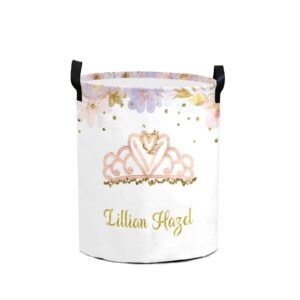 Personalized Laundry Baskets Bin,Princess Crown Floral Laundry Hamper with Handles,Waterproof Clothes Hamper, Laundry Bin, Clothes Storage Basket for Bedroom, Bathroom, College Dorm 50L