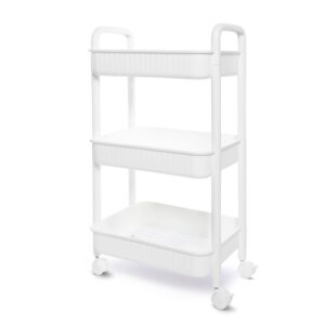 yssoa rolling storage cart, 3 tier slim mobile shelving unit 360° rotating wheel lockable utility cart, ideal for office, kitchen, bathroom, laundry and narrow spaces, white