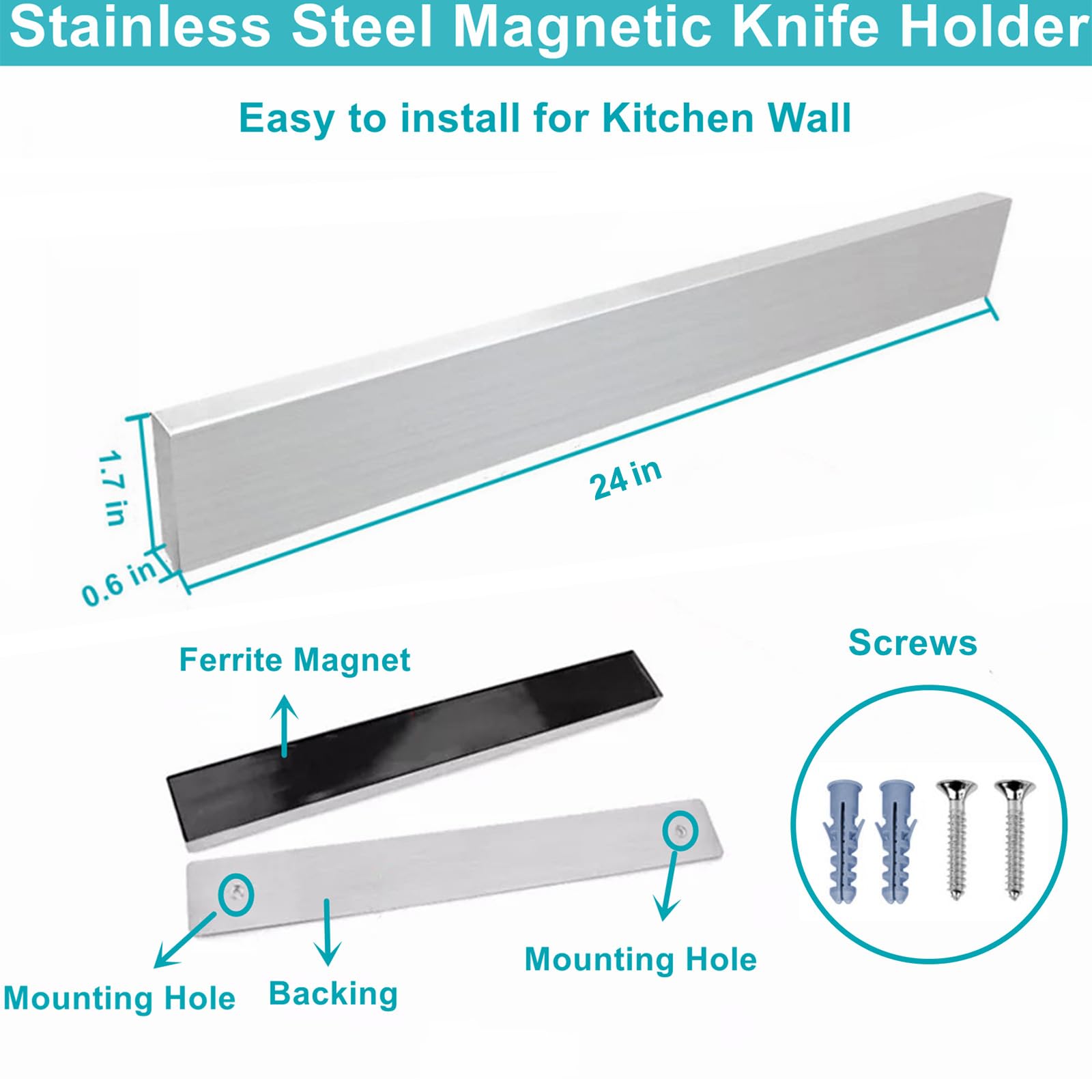 Magnetic Knife Holder for Wall 24 Inch Knife Magnetic Strip Refrigerator Knife Magnet Bar Wall Mount Knife Rack for RV Kitchen Utensil Holder Metal Tool Holder Knife Block for Kitchen Organization