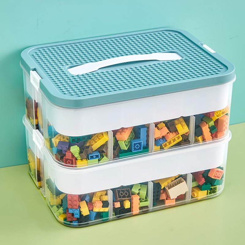 Toys Organizer Storage Case for Lego Box Kids Toy Stackable Building Blocks with Lids Bins Adjustable Lego Storage Containers Plastic Toy Box 2 Layers