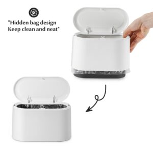 ZHOUWHJJ Mini Plastic Trash Can with Lid,Small Desk Countertop Mini Garbage Cans,Tiny Waste Basket,White,Free 3 roll Bags