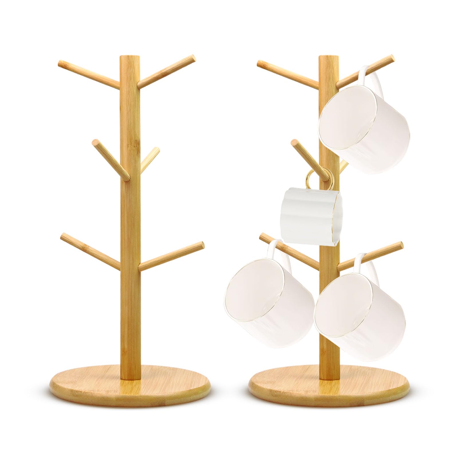 Lilingsty 2PCS Wooden Mug Holder Tree,Wooden Mug Rack Tree Coffee Tea Cup Organizer Removable with 6 Hooks for Kitchen Countertopand Storage Mug Hooks(Natural)