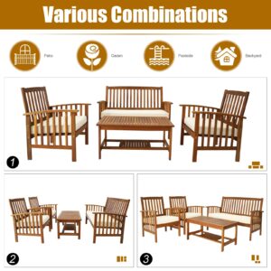 VINGLI Outdoor Patio Furniture, 4 Piece Acacia Wood Sofa Set w/Coffee Table, Patio Table and Chairs Set, Outdoor Patio Lounge Conversation Set for Deck, Backyard, Balcony