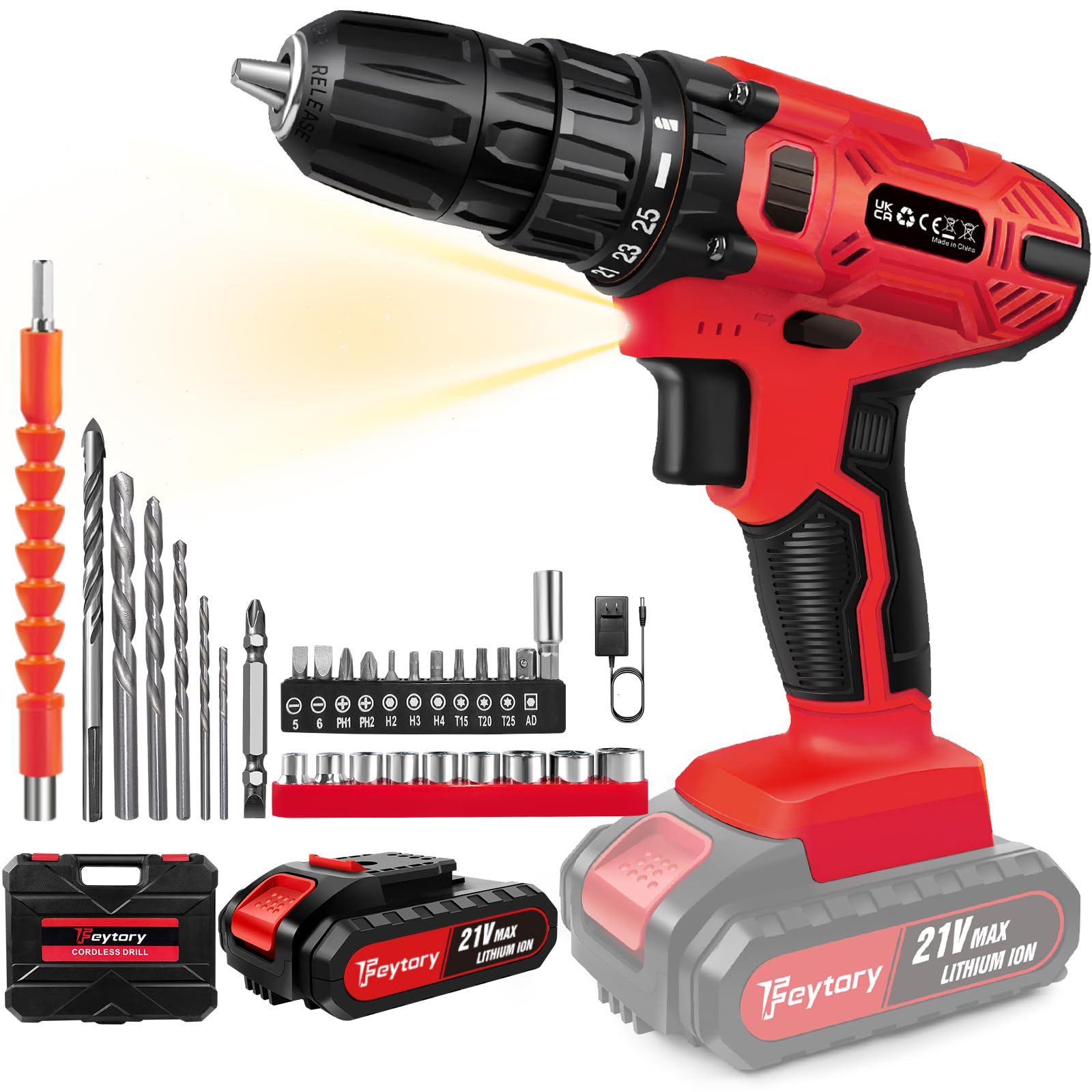 Cordless Drill Set, 21V Power Drill Kit with 398 inch-lbs & Torque Rating 25+1, 2 Variable Speeds Electric Power Drill 3/8” Keyless Chuck with LED & 29 pcs Accessories Electric Driver for DIY (1.5 Ah)