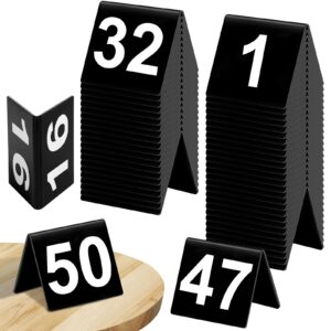 table numbers 1 to 50, v-shaped black acrylic table numbers, restaurant double sided printing table tents, wedding table card signs, waterproof tabletop numbers for banquets, parties, business events