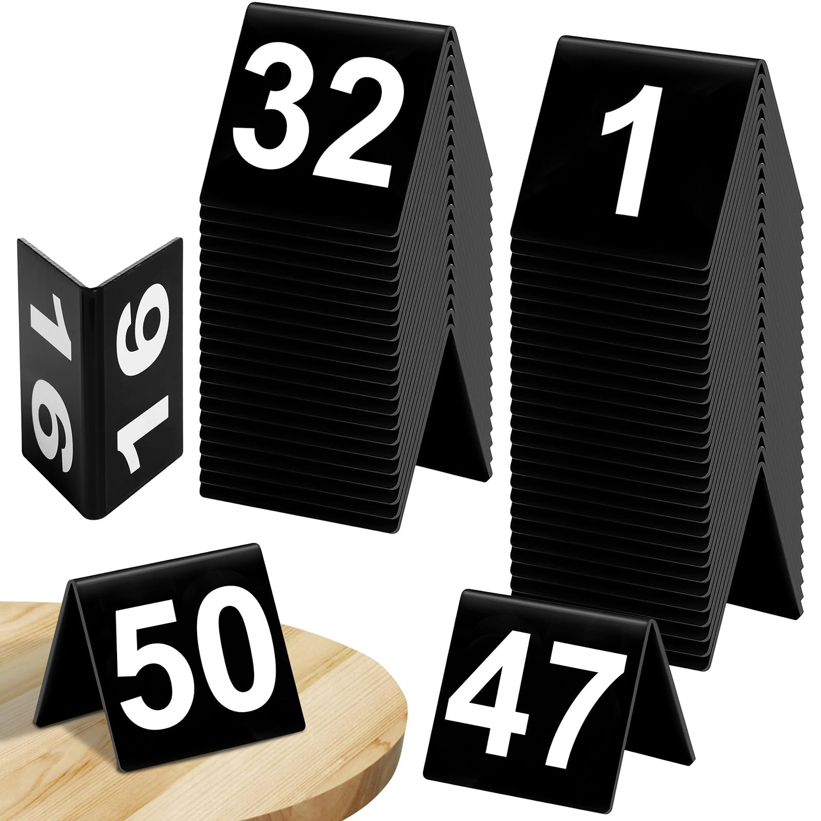 Table Numbers 1 to 50, V-Shaped Black Acrylic Table Numbers, Restaurant Double Sided Printing Table Tents, Wedding Table Card Signs, Waterproof Tabletop Numbers for Banquets, Parties, Business Events