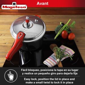 MAGEFESA ® Avant Red Pressure Cooker, 6.2 Quart, made of very resistant aluminum, compatible with gas, electric, ceramic stoves, pressure canner, canning cooker pot, stove top instant fast cooking