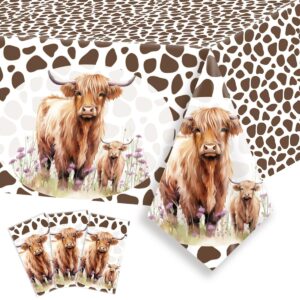 3pcs highland cow tablecloth brown cow print table cover kids birthday party disposable rectangle plastic waterproof for baby shower decorations 54 x 108 inches