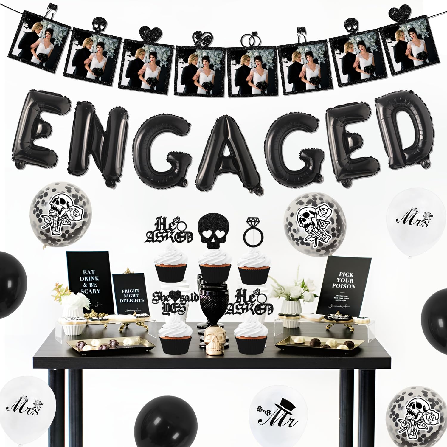 Gothic Engagement Party Decorations Glitter Skull Diamond Ring Photo Banner He Asked She Said Yes Cupcake Toppers Black Engaged Balloon Banner for Wedding Engagement Bridal Shower Party Supplies