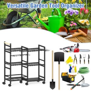 NADAMOO Large Garden Tool Organizer with Rolling Wheel, Metal Shelf Yard Tool Holder, 3-tier Utility Stand Rack for Garage Organization and Storage, Hold Long-Handled Rakes, Shovel, Broom