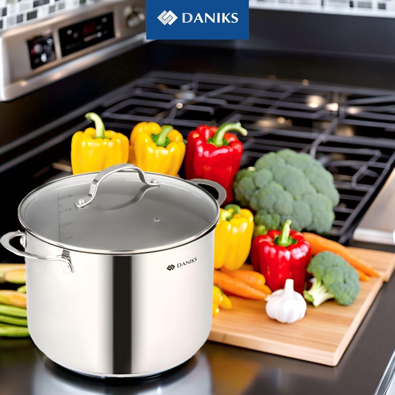 Daniks Professional Stainless Steel Stockpot with Lid 8 Qt | Large Stock Pot for Soup, Stew, Pasta, Vegetables | Induction Deep Cooking Pot