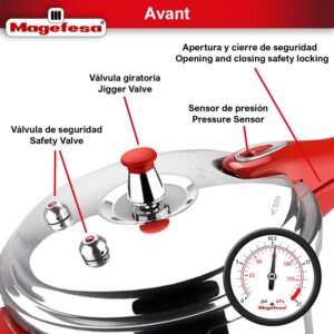 MAGEFESA ® Avant Red Pressure Cooker, 6.2 Quart, made of very resistant aluminum, compatible with gas, electric, ceramic stoves, pressure canner, canning cooker pot, stove top instant fast cooking