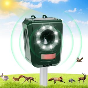 2024 ultrasonic deer repellent devices solar animal repeller for cat dog deer raccoon coyote skunk, waterproof cat deterrent outdoor with explosive flashing light for lawns yard