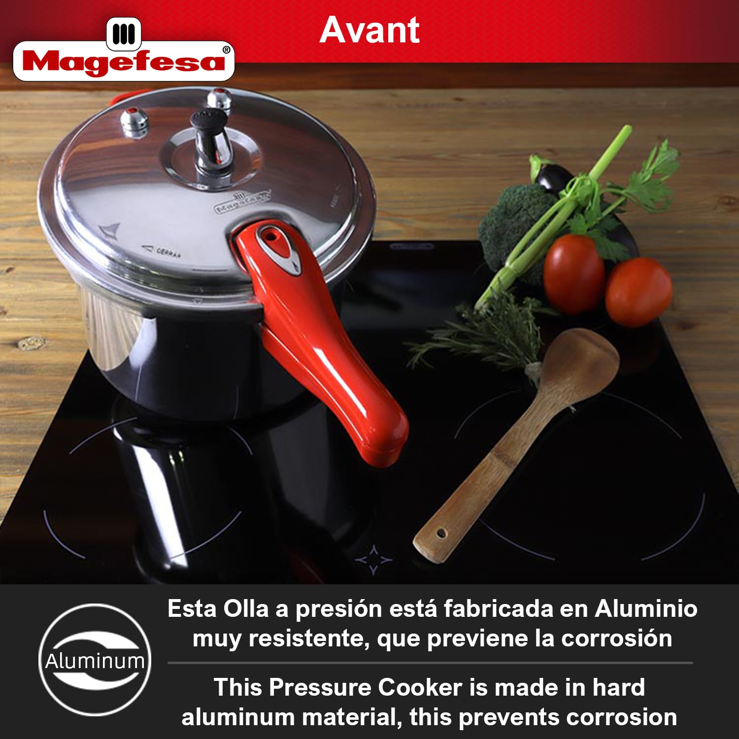 MAGEFESA ® Avant Red Pressure Cooker, 6.2 Quart, made of very resistant aluminum, compatible with gas, electric, ceramic stoves, pressure canner, canning cooker pot, stove top instant fast cooking