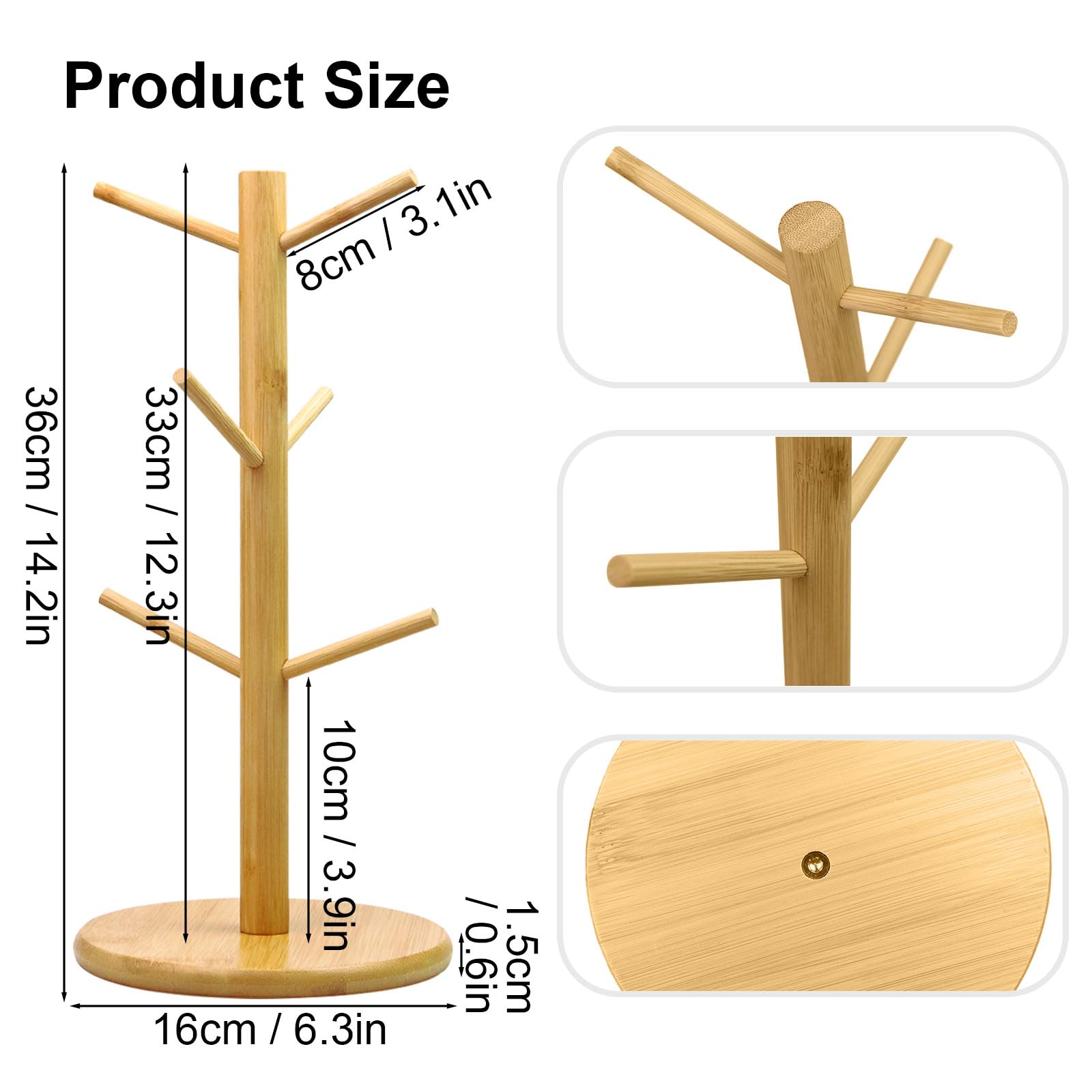 Lilingsty 2PCS Wooden Mug Holder Tree,Wooden Mug Rack Tree Coffee Tea Cup Organizer Removable with 6 Hooks for Kitchen Countertopand Storage Mug Hooks(Natural)