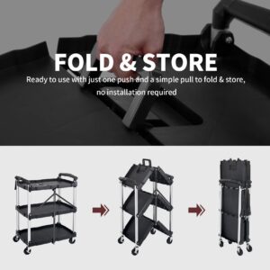 UNICOO Foldable Plastic Utility Cart, Heavy Duty, 3-Tier Rolling Service Cart with Lockable & Silent Wheels, Anti-Rust & Easy Clean for Restaurant, Office, Garage & More, 25.6x15.7x33.5 (Black)