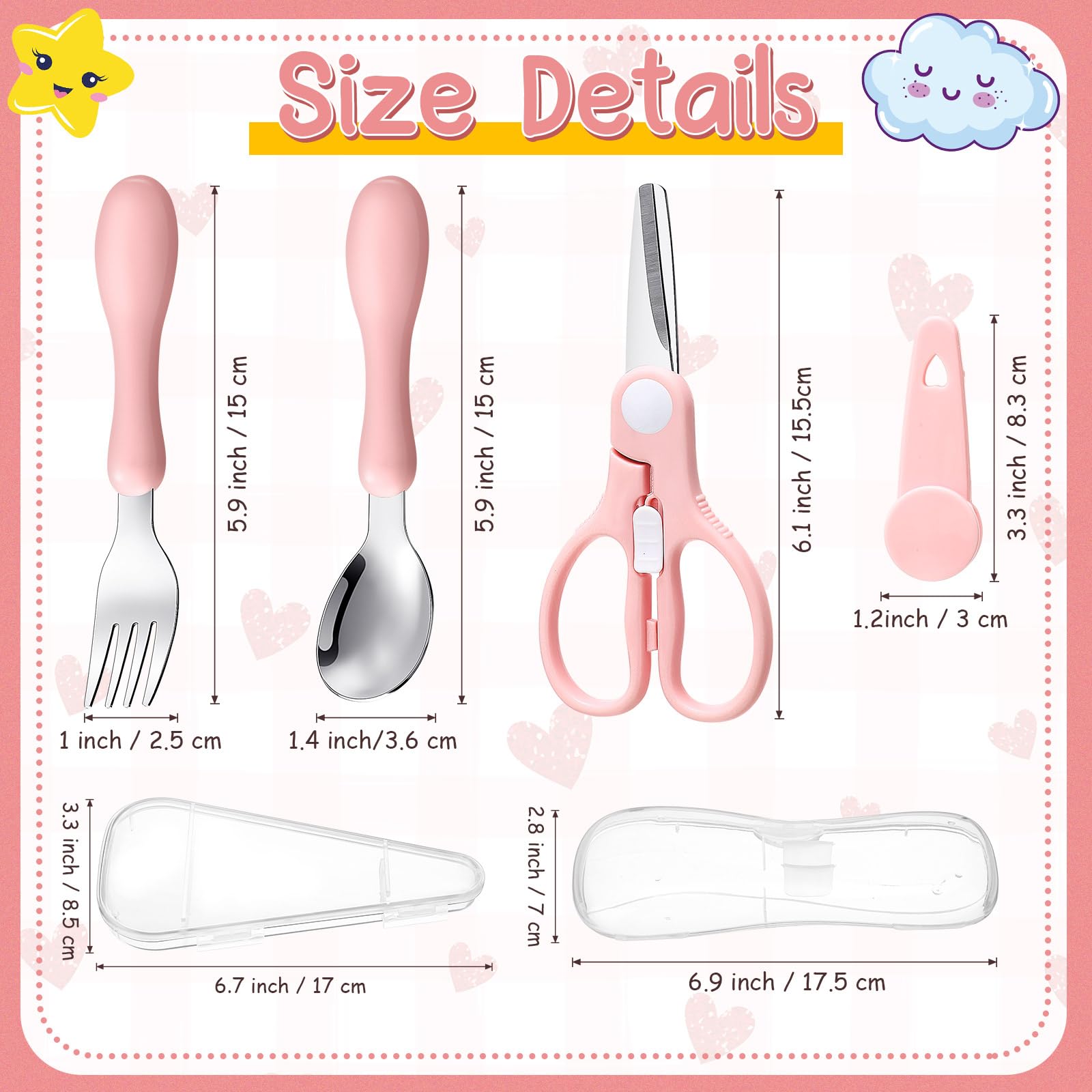 Jingmore 3 Pieces Toddler Utensils with Case 1 Pcs Toddler Fork and Spoon 1 Pcs Baby Food Scissor with Safety Lock Stainless Steel Baby Silverware Set Toddler Travel Essential for Safe Dining (Pink)