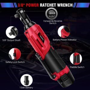 Cordless Electric Ratchet Wrench Set, 3/8" Ratchet Wrench, 12V Power Ratchet Driver with Fast Charger and 300 RPM Speed, 7 Sockets Cordless Ratchet Set with 2*1500 mAh Batteries for Table, Bike, DIY